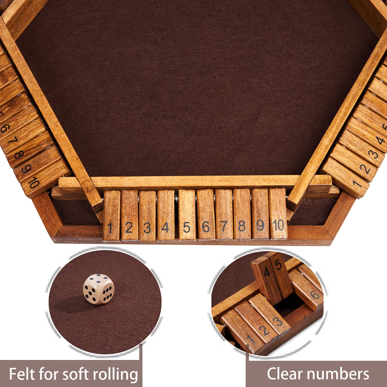 Vamslove Shut The Box Dice Game Wooden Board (L15 x W13) for 1 2 3 4 5 6 Player, 6 Sided 10 Numbers Math Games with 16 Dices for Kids Adults(Instructions Included)