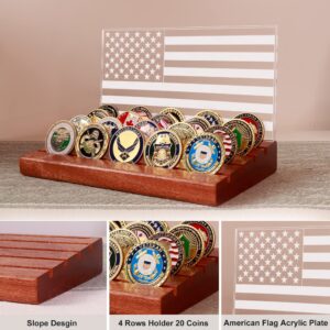 Lampeez Challenge Coin Display, Light up Coin Holder American Flag with Warm White Color Light, Military Coins Holder Case 4 Row Holder Wooden Stand Rack Gift for Military Army for Him Father