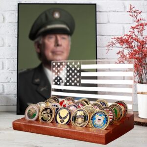 Lampeez Challenge Coin Display, Light up Coin Holder American Flag with Warm White Color Light, Military Coins Holder Case 4 Row Holder Wooden Stand Rack Gift for Military Army for Him Father