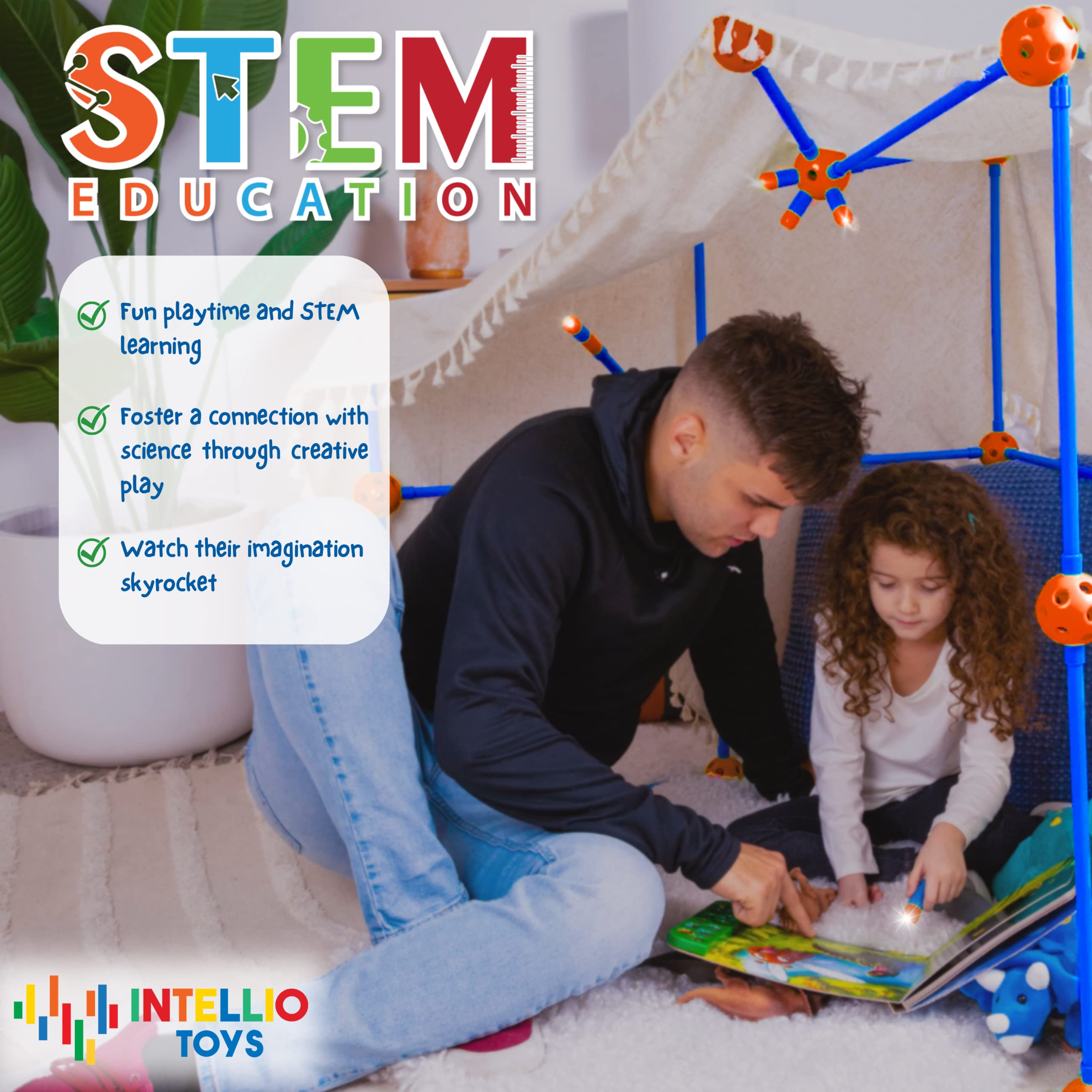 Intellio Toys Fort Building Kit for Kids 4-8 - 100 Pieces - DIY STEM Fort Making Set for Indoor & Outdoor Play - Large Creative Construction Set for Boys & Girls - Blue & Red - Bright Builders