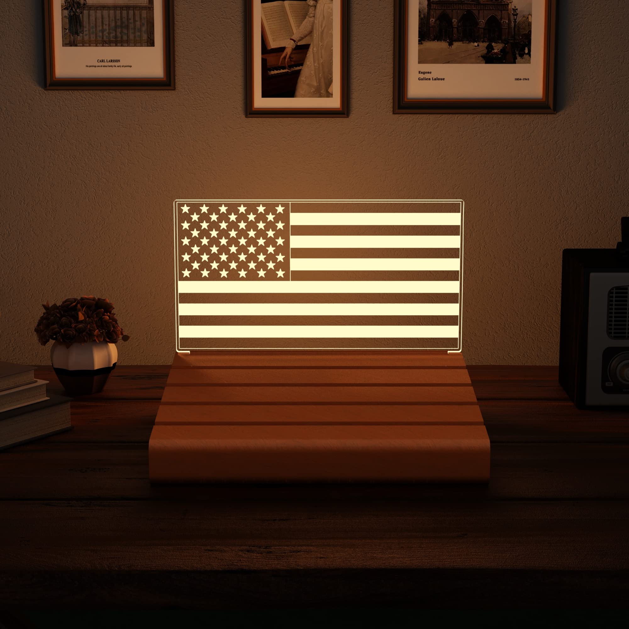 Lampeez Challenge Coin Display, Light up Coin Holder American Flag with Warm White Color Light, Military Coins Holder Case 4 Row Holder Wooden Stand Rack Gift for Military Army for Him Father