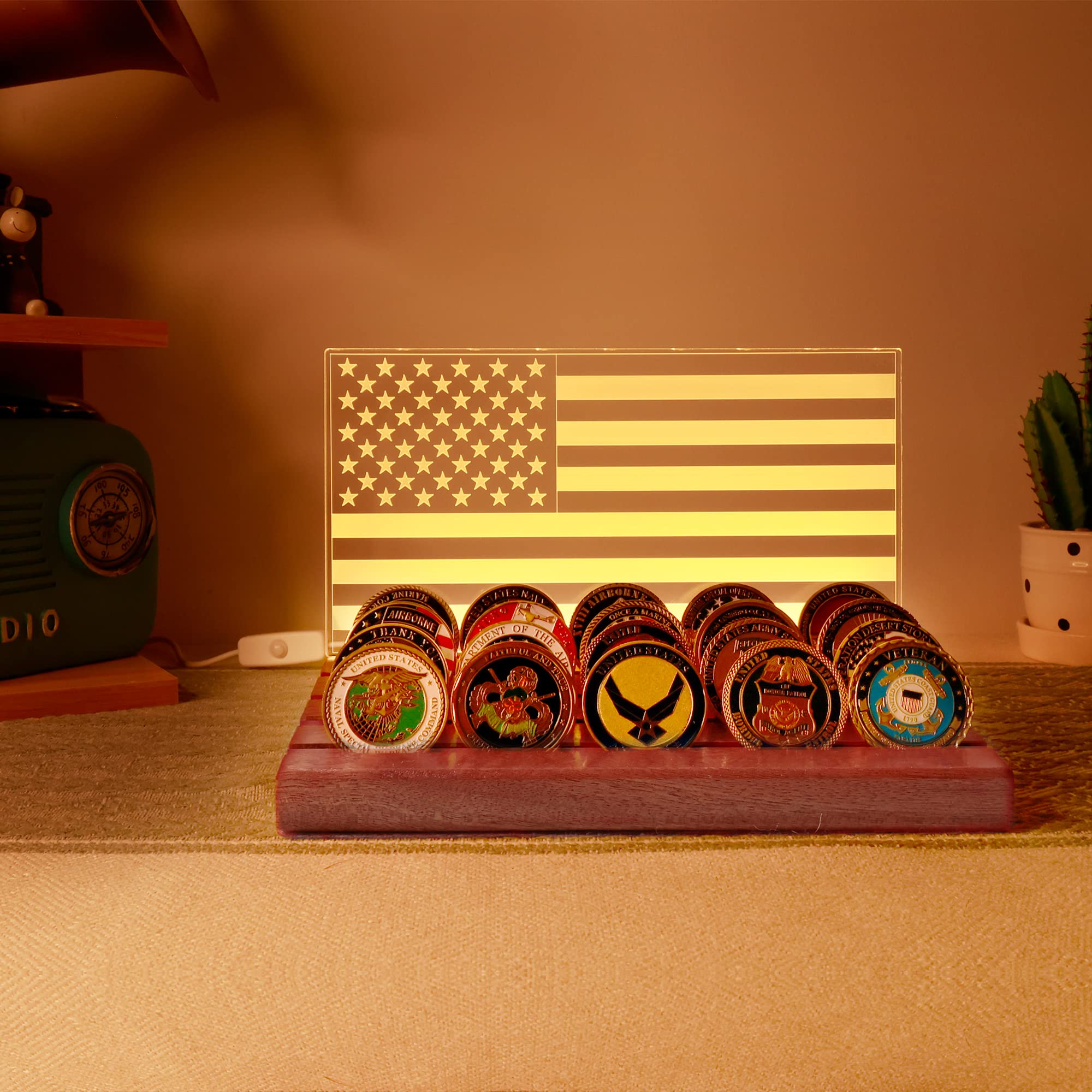 Lampeez Challenge Coin Display, Light up Coin Holder American Flag with Warm White Color Light, Military Coins Holder Case 4 Row Holder Wooden Stand Rack Gift for Military Army for Him Father