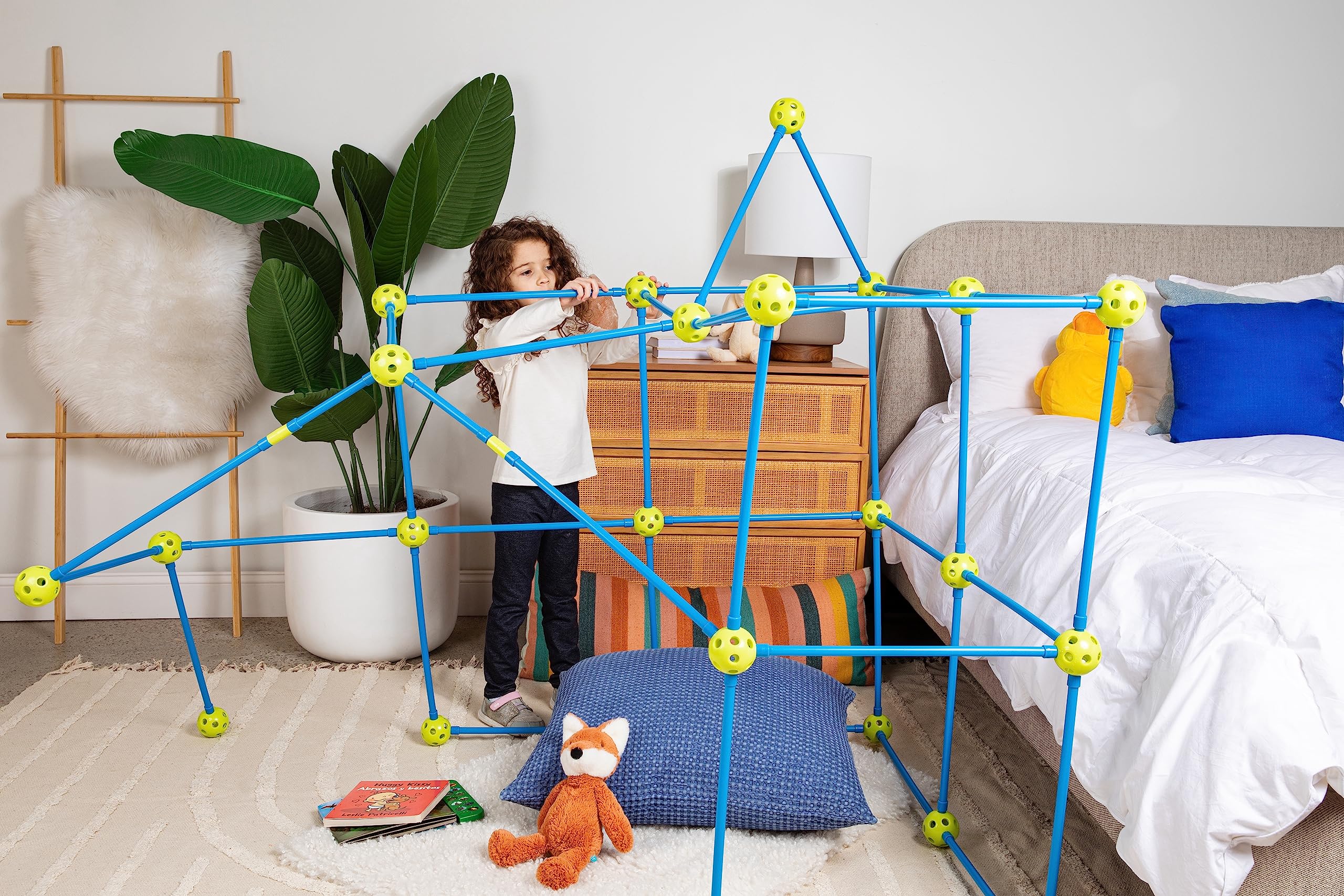 Fort Building Kit for Kids 4-8 - 100 Pieces - DIY STEM Fort Making Set for Indoor & Outdoor Play - Large Creative Construction Set for Boys & Girls - Blue & Green - Intellio Toys Bright Builders