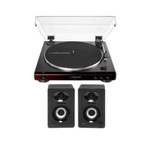 audio-technica at-lp60x fully automatic belt-drive stereo turntable (brown) bundle with bluetooth studio monitors - pair (2 items)