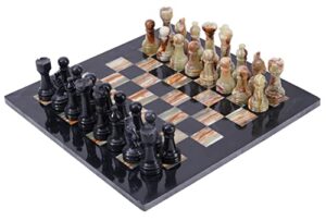 radicaln marble chess set 15 inches black & multi green handmade chess game - 1 chess board & 32 chess pieces - 2 player chess sets for adults - board game