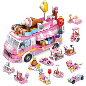 panlos 553 pcs building toys for girls, 25-in-1 ice cream truck building bricks construction vehicles kit, stem learning building blocks set, birthday gifts for kids girls age 5-12