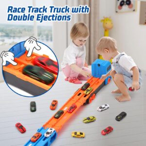 HSEONEJIA Toddler Transport Truck Toy for 2 3 4 5 6 Years Old Boys, 64-Inch Foldable Car Race Track for Boys Kids, 9 in 1 Die-Cast Car Carrier Truck Toy for Boys and Girls Gift