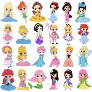 flysong 5d diy diamond art stickers kits for kids, 24 pcs cute cartoon princess diamond art painting stickers beads gem making for beginners children