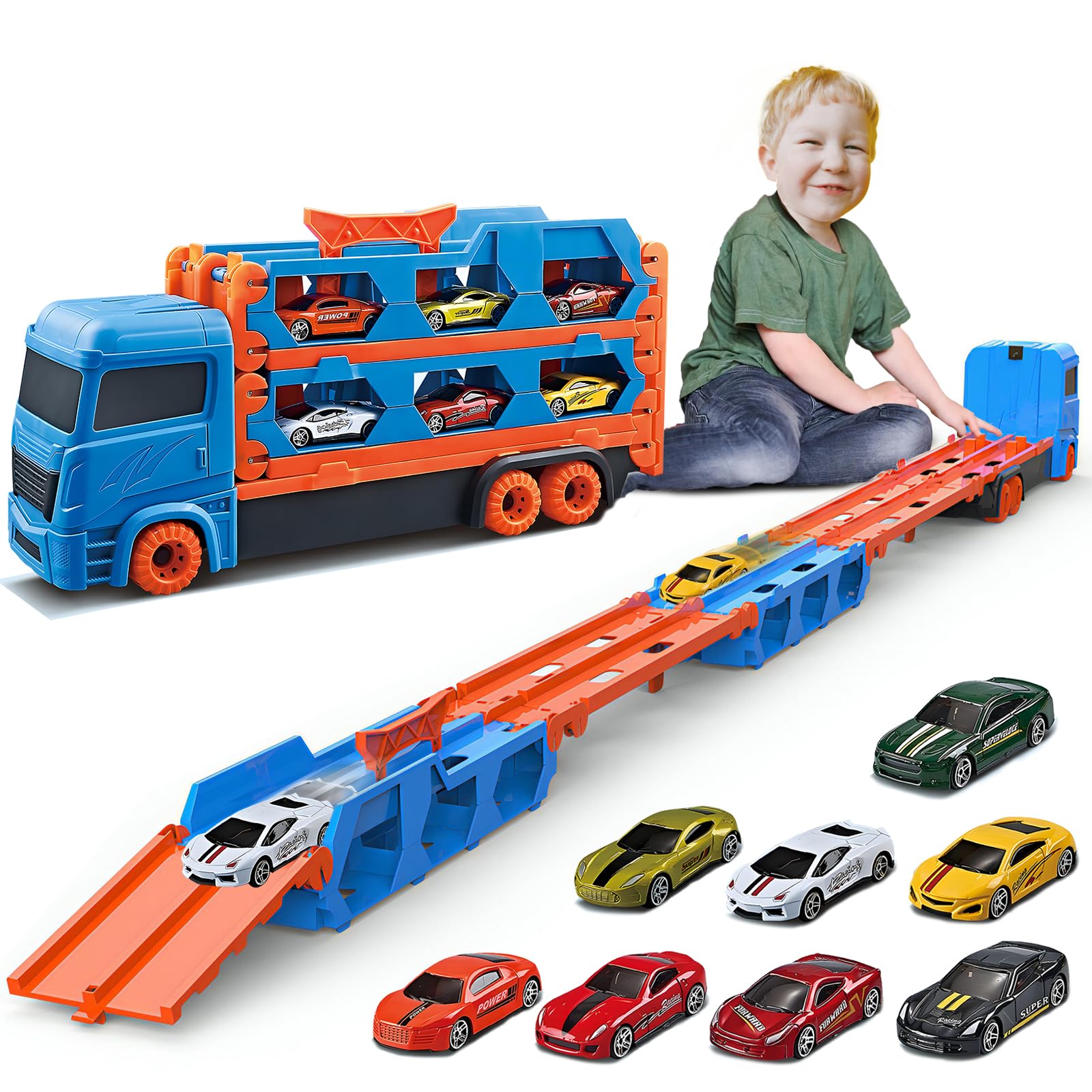 HSEONEJIA Toddler Transport Truck Toy for 2 3 4 5 6 Years Old Boys, 64-Inch Foldable Car Race Track for Boys Kids, 9 in 1 Die-Cast Car Carrier Truck Toy for Boys and Girls Gift