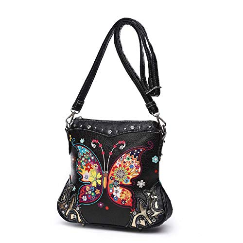 Butterfly Flower Concealed Carry Purse Women Spring Rhinestone Crossbody Handbags Single Shoulder Bag (Black Set)