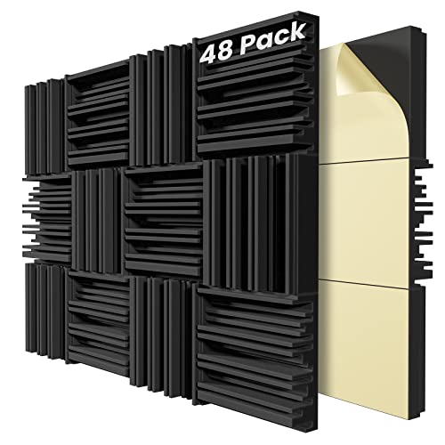 Whalevale Self-Adhesive Acoustic Panels,48 Packs 12 X 12 X 2 inch Sound Proof Foam Panels,High Resilience Sound Proofing Padding for Wall,Soundproof Foam Used in Home,Studio,etc,Black