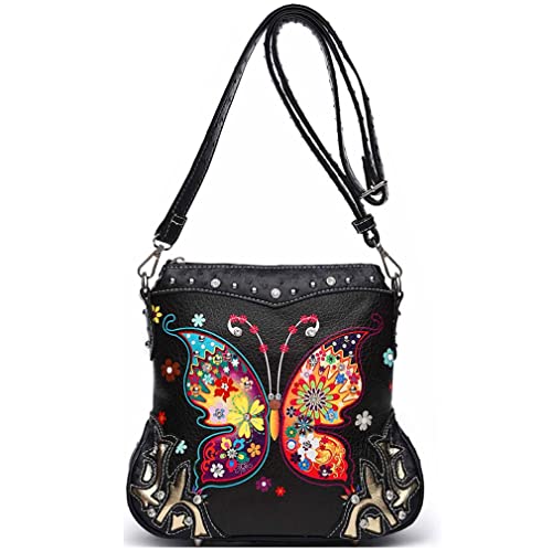 Butterfly Flower Concealed Carry Purse Women Spring Rhinestone Crossbody Handbags Single Shoulder Bag (Black Set)