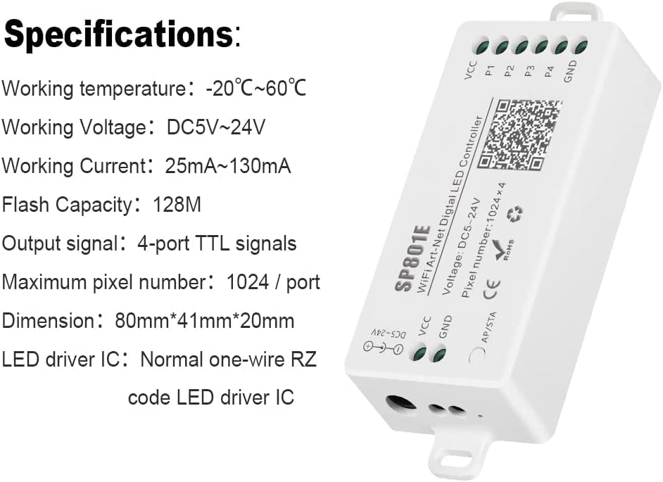 TOPXCDZ SP801E WiFi Art-Net Magic LED Controller LED Matrix Panel Module WS2812B WS2811 Light Strip Wireless Control iOS Android DC5-24V