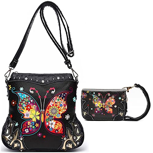 Butterfly Flower Concealed Carry Purse Women Spring Rhinestone Crossbody Handbags Single Shoulder Bag (Black Set)