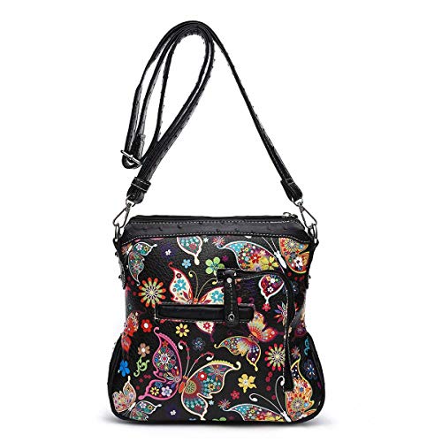 Butterfly Flower Concealed Carry Purse Women Spring Rhinestone Crossbody Handbags Single Shoulder Bag (Black Set)