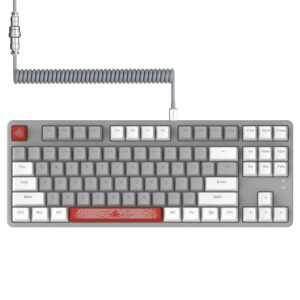 magic-refiner ak873 gaming keyboard,rainbow led backlit,hot-swappable linear red switch,pbt keycap,75% tkl layout,ergonomic mechanical keyboard with custom coiled usb/type-c aviation cable(white grey)