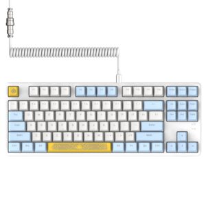 magic-refiner ak873 gaming keyboard,rainbow led backlit,hot-swappable blue switch,pbt keycap,75% tkl layout,ergonomic mechanical keyboard with custom coiled usb/type-c aviation cable(blue white)