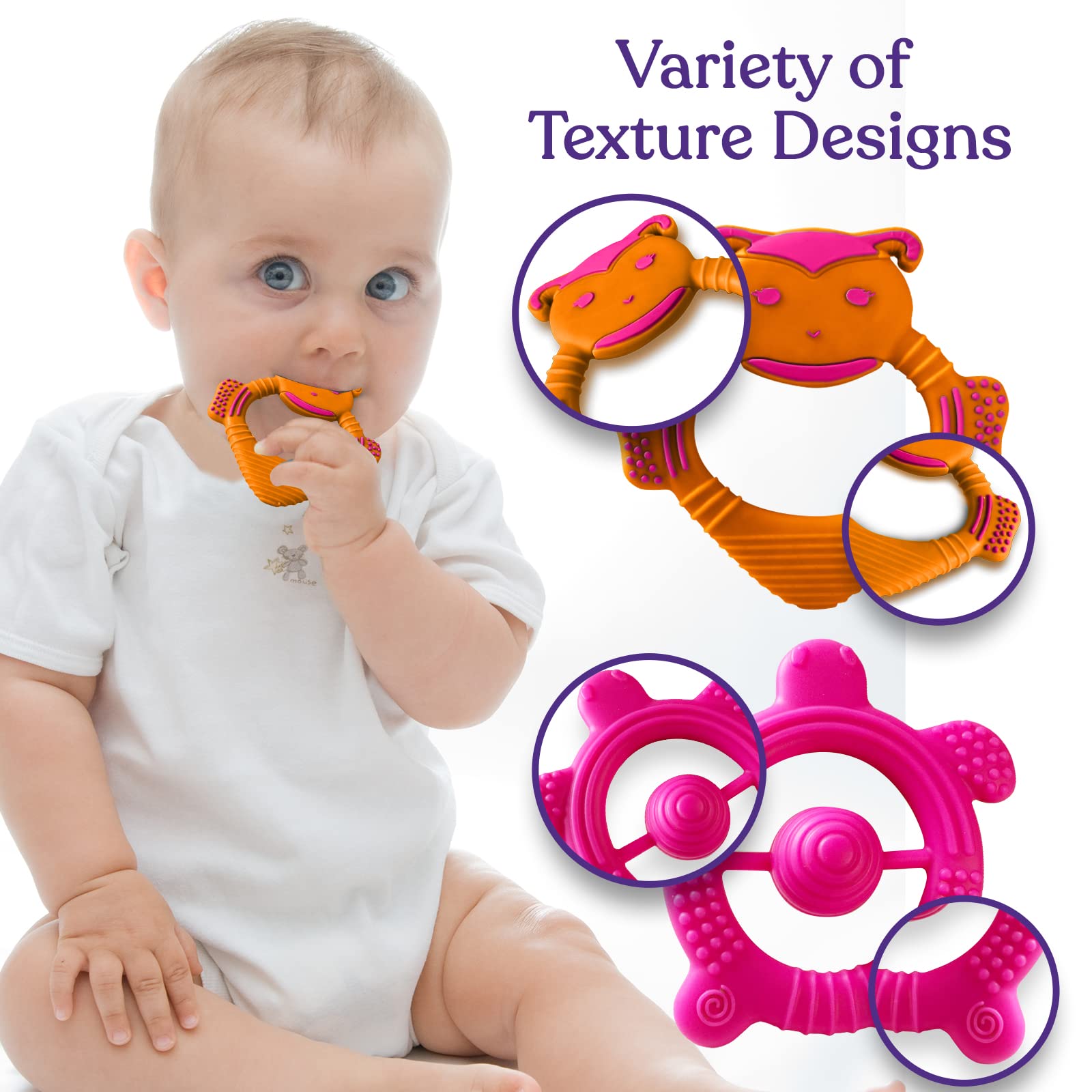 Baby Teething Toys for Newborn, Infants 0-6 Months Silicone Teethers for Babies 6-12 Months BPA Free (Bee - Pink & Orange)