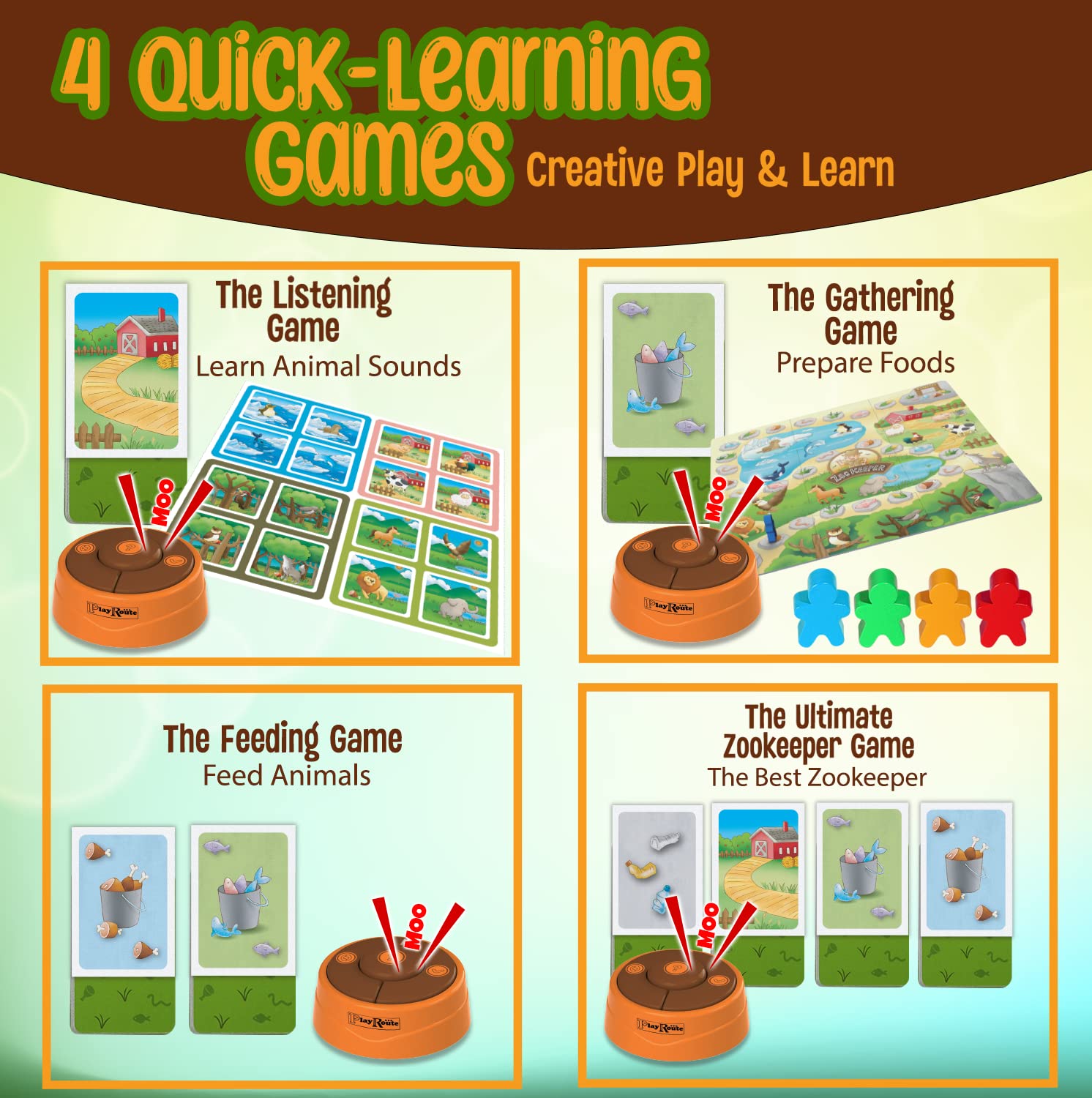 PlayRoute Zoo Keeper Game | Animal Games with Realistic Animal Sounds | 4 Level Board & Card Games | Educational Learning Activity for Kids Ages 5-12 Years and Up