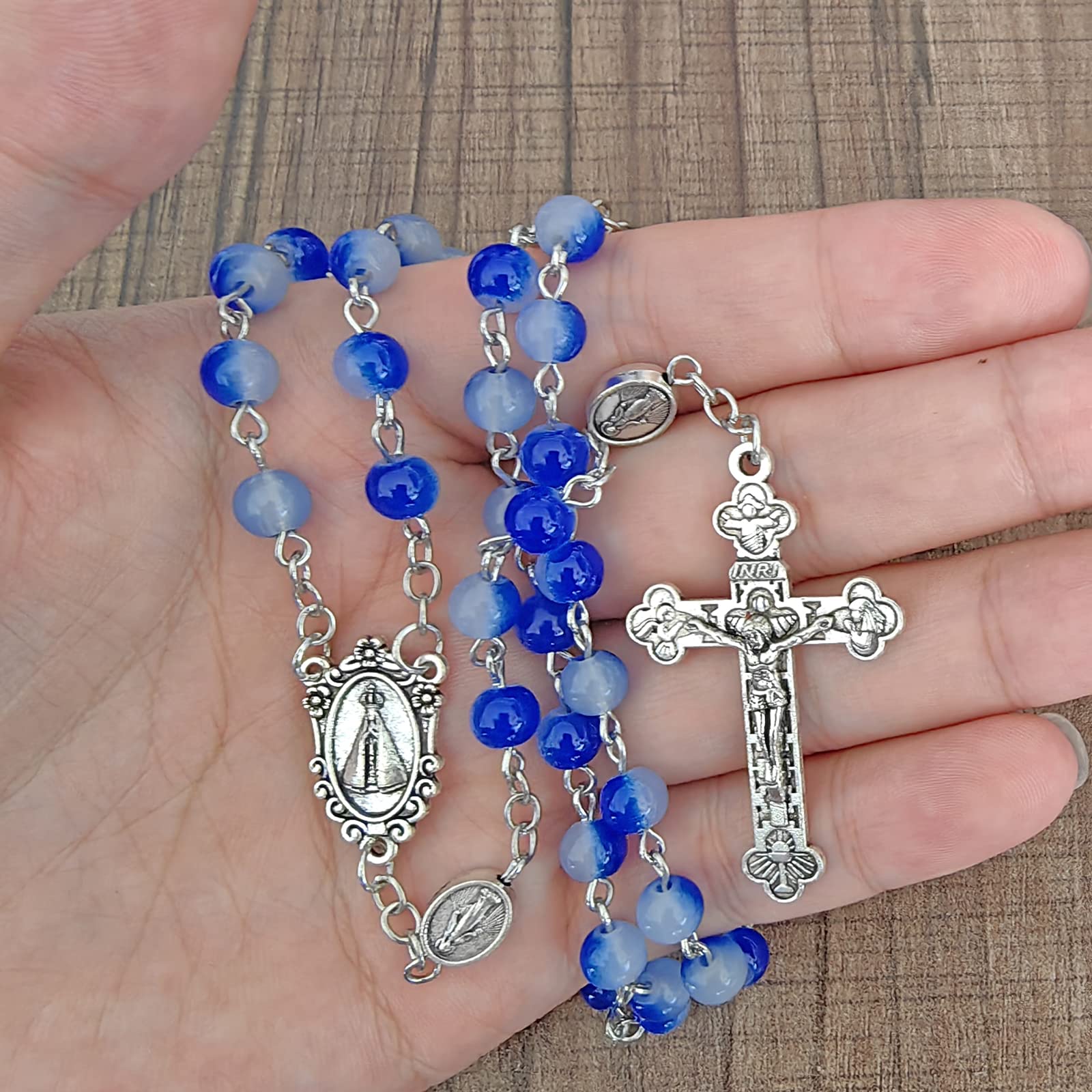 Rnivida Catholic Blue Beads Rosary for Women, Miraculous Medal 6MM Glass Beads Rosary Necklace with Virgin Mary Metal