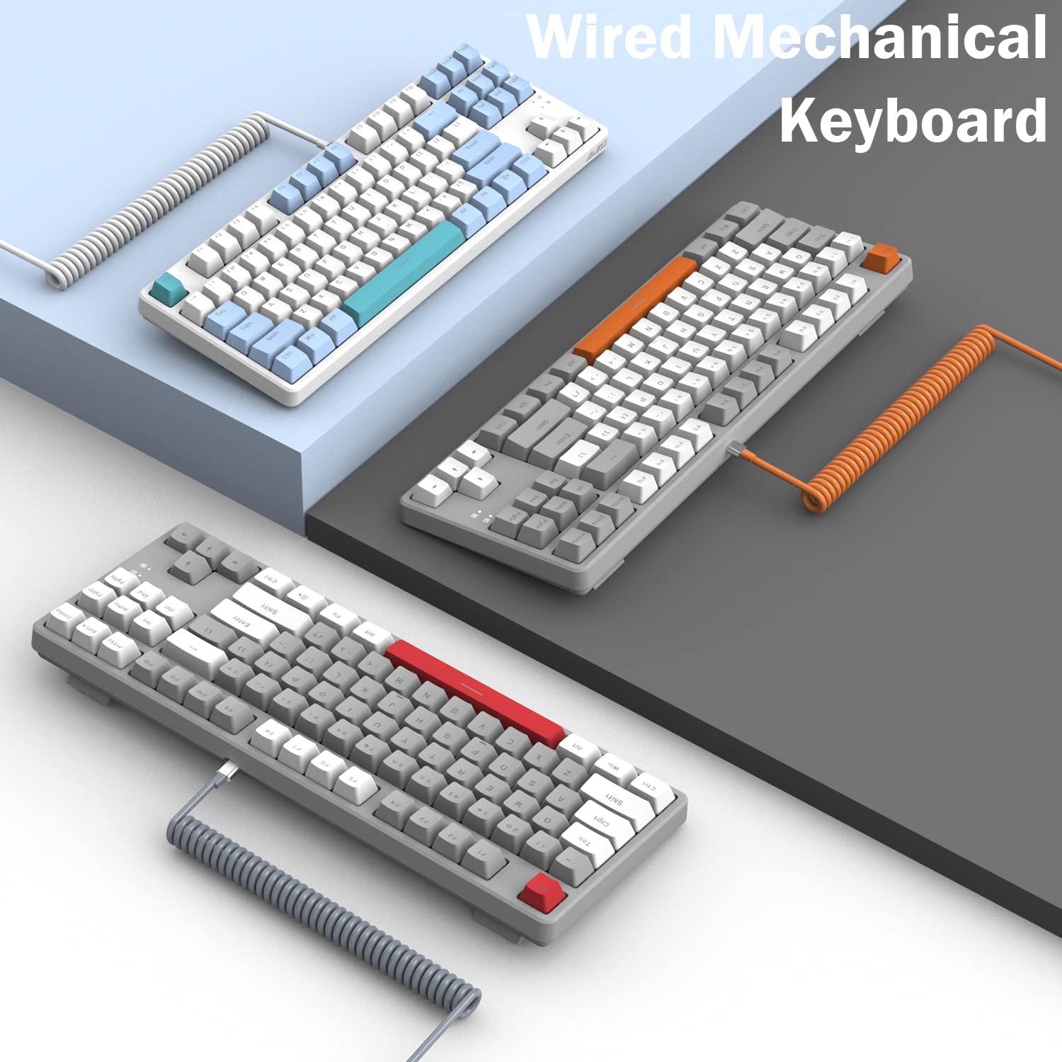 A.JAZZ AK873 Wired 87 Key TKL Retro Color Mechanical Gaming Keyboard with Rainbow Backlit Hot-swap Linear Red Switch NKRO Gasket Custom Coiled Aviator C to A Cable for Win/PC/Mac Gamer(White Gray)