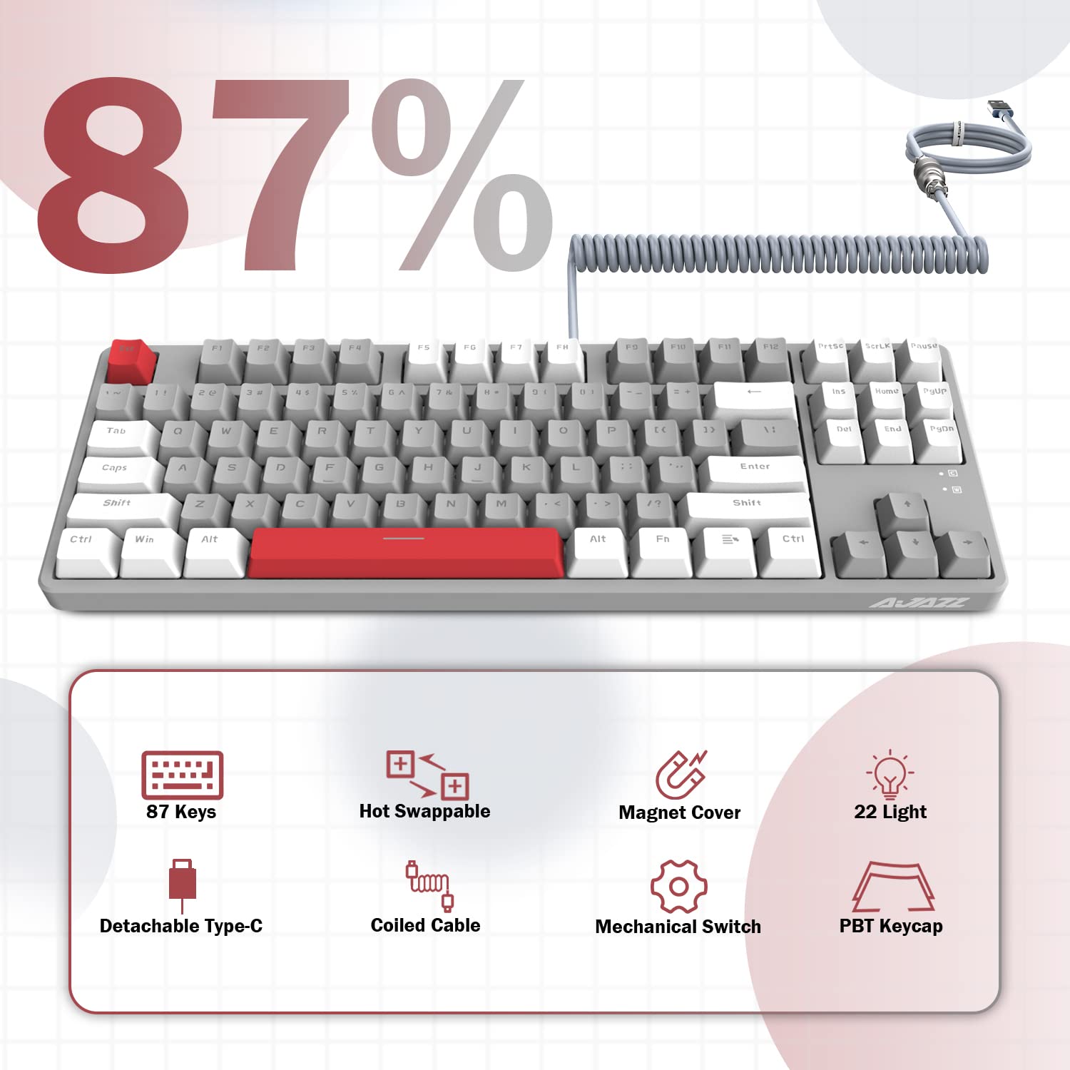 A.JAZZ AK873 Wired 87 Key TKL Retro Color Mechanical Gaming Keyboard with Rainbow Backlit Hot-swap Linear Red Switch NKRO Gasket Custom Coiled Aviator C to A Cable for Win/PC/Mac Gamer(White Gray)