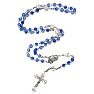 rnivida catholic blue beads rosary for women, miraculous medal 6mm glass beads rosary necklace with virgin mary metal