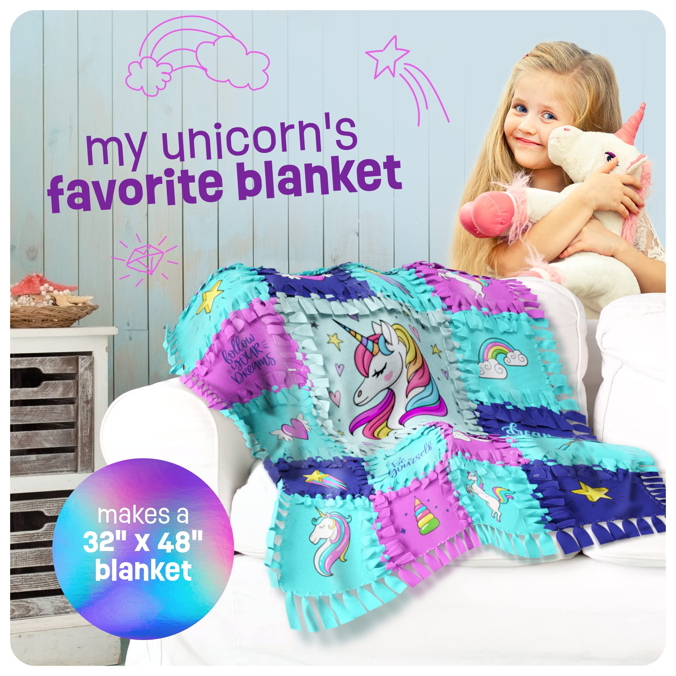 Pretty Me Unicorn Tuck N' Tie Fleece Blanket Kit - DIY Crafts for for Girls Ages 6+ Year Old - Best Arts & Craft Girl Gifts Ideas - No Sew Blanket Making Kit - Kids Crafts Gift Toys Kits