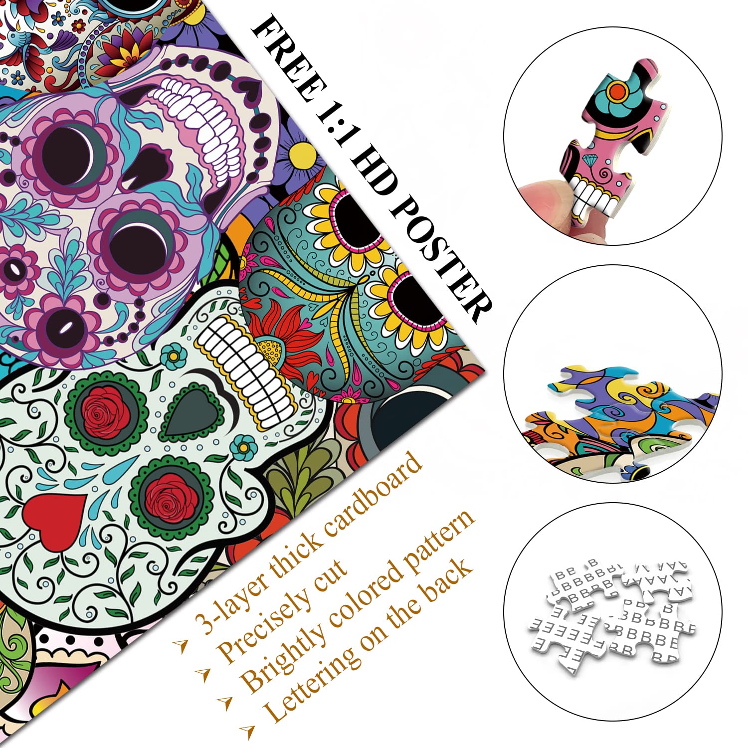 Day of The Dead Sugar Skull Puzzles for Adults 1000 Pieces, Halloween Horror Skeleton Puzzle of Mexican Sugar Skulls Poster, Dia De Los Muertos Jigsaw Puzzle Grateful Dead as Skull Decor