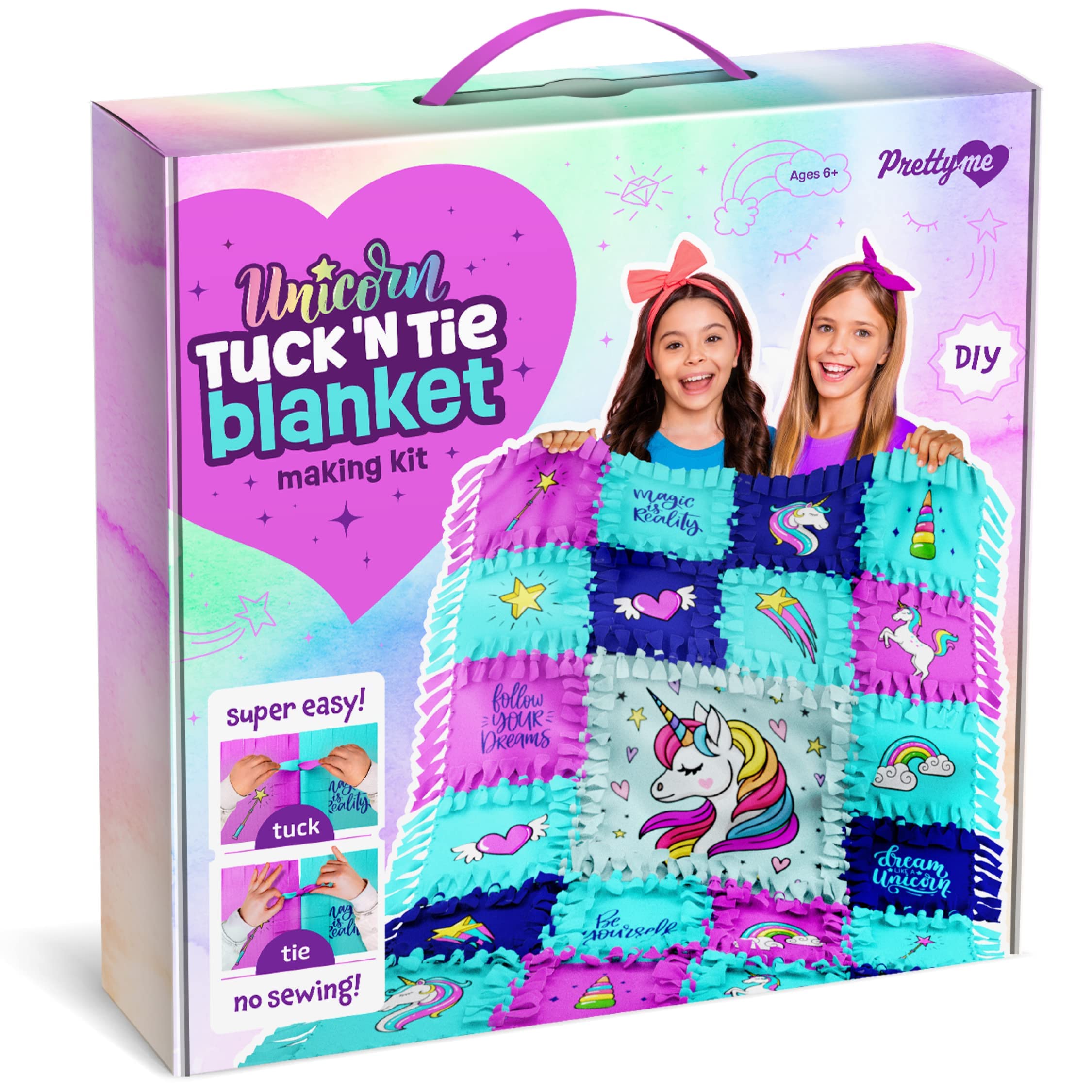 Pretty Me Unicorn Tuck N' Tie Fleece Blanket Kit - DIY Crafts for for Girls Ages 6+ Year Old - Best Arts & Craft Girl Gifts Ideas - No Sew Blanket Making Kit - Kids Crafts Gift Toys Kits