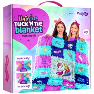 pretty me unicorn tuck n' tie fleece blanket kit - diy crafts for for girls ages 6+ year old - best arts & craft girl gifts ideas - no sew blanket making kit - kids crafts gift toys kits