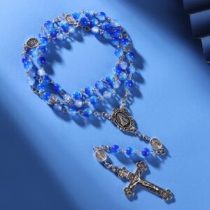 Rnivida Catholic Blue Beads Rosary for Women, Miraculous Medal 6MM Glass Beads Rosary Necklace with Virgin Mary Metal