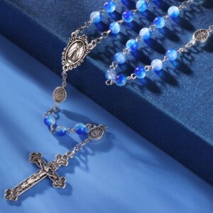 Rnivida Catholic Blue Beads Rosary for Women, Miraculous Medal 6MM Glass Beads Rosary Necklace with Virgin Mary Metal