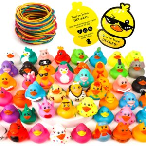 150pcs jeeper ducks with tags for ducking,50 pack rubber ducks+50 cards tags+50 straps,assorted rubber ducks in bulk shower swimming bath toy