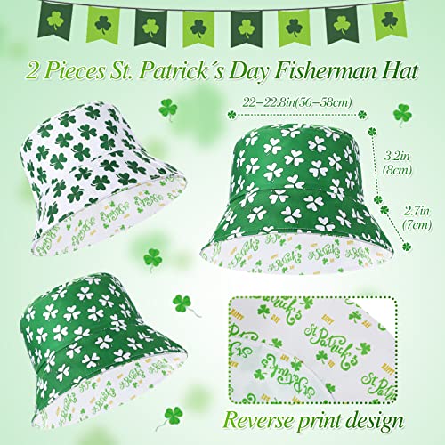 2 Pcs St. Patrick's Day Bucket Hat Shamrock Fisherman Hat Lucky Four Leaf Clover Green Irish Top Hat for Saint Patrick's Day Accessories Men Women Summer Beach Hiking Fishing Travel