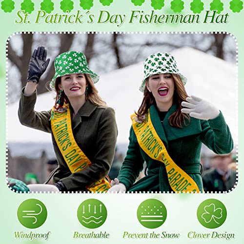 2 Pcs St. Patrick's Day Bucket Hat Shamrock Fisherman Hat Lucky Four Leaf Clover Green Irish Top Hat for Saint Patrick's Day Accessories Men Women Summer Beach Hiking Fishing Travel