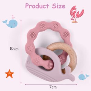 Vicloon Baby Teether Toys, Silicone & Natural Wood Teether Ring, Baby Teething Toys for Babies 0 Months, Silicone Chewable Rings for Newborn Gift（Pink）