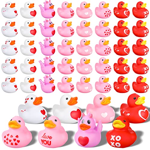 Leitee 48 Pieces Valentine Rubber Ducks Heart Rubber Ducks Red and Pink Valentine Ducks Valentines Day Party Favors Mini Ducks Bulk for Valentines Day Birthday Decoration, 8 Styles