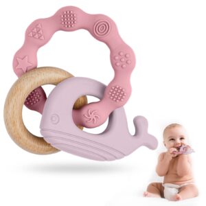 vicloon baby teether toys, silicone & natural wood teether ring, baby teething toys for babies 0 months, silicone chewable rings for newborn gift（pink）