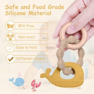 Vicloon Baby Teether Toys, Silicone & Natural Wood Teether Ring, Baby Teething Toys for Babies 0 Months+, Silicone Chewable Rings for Newborn Gift（Yellow）