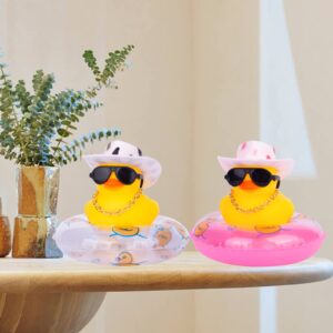 MuMyer Car Rubber Duck 2Pcs Duck Car Dashboard Decorations Yellow Duck Car Ornaments for Car Dashboard Decoration Accessories with Mini Swim Ring Cowboy Hat Necklace and Sunglasses