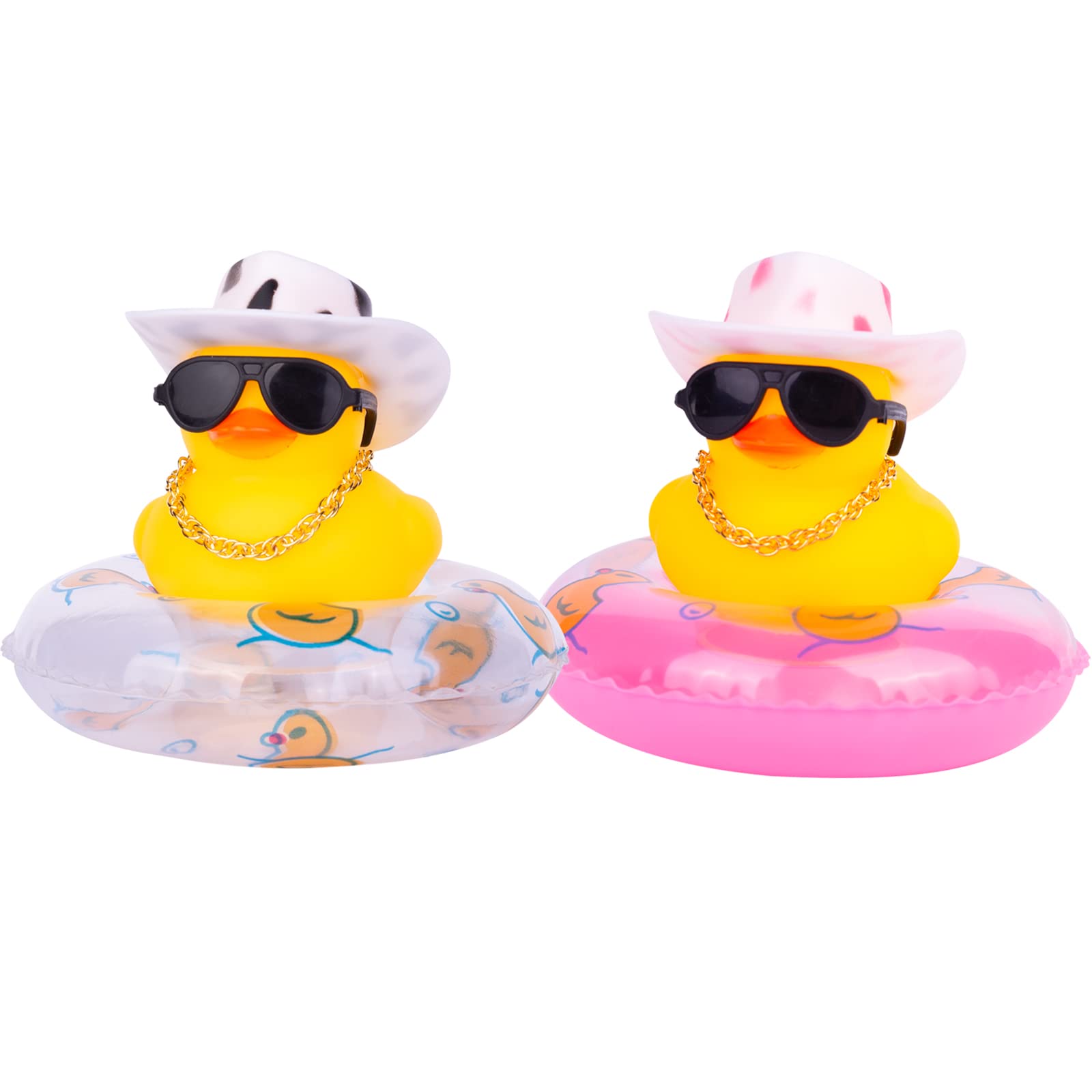 MuMyer Car Rubber Duck 2Pcs Duck Car Dashboard Decorations Yellow Duck Car Ornaments for Car Dashboard Decoration Accessories with Mini Swim Ring Cowboy Hat Necklace and Sunglasses