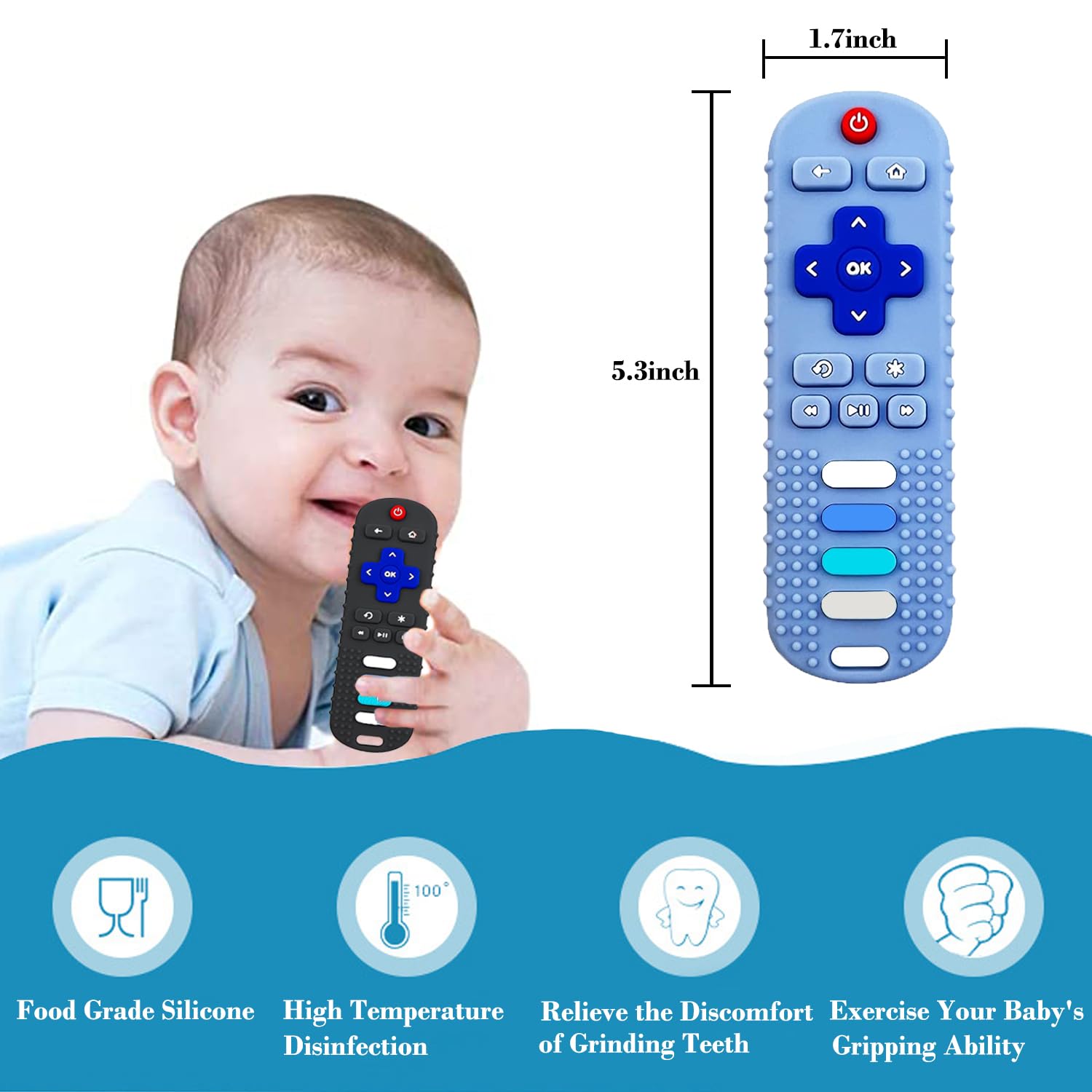 Baby Teether Toy, TV Remote Control Shape Teething Baby Toys for Infants, Baby Chew Remote Teether Toys for Babies 3-24 Months,BPA Free (Blue)