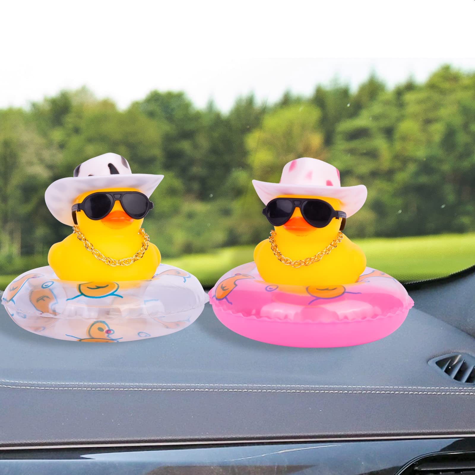 MuMyer Car Rubber Duck 2Pcs Duck Car Dashboard Decorations Yellow Duck Car Ornaments for Car Dashboard Decoration Accessories with Mini Swim Ring Cowboy Hat Necklace and Sunglasses