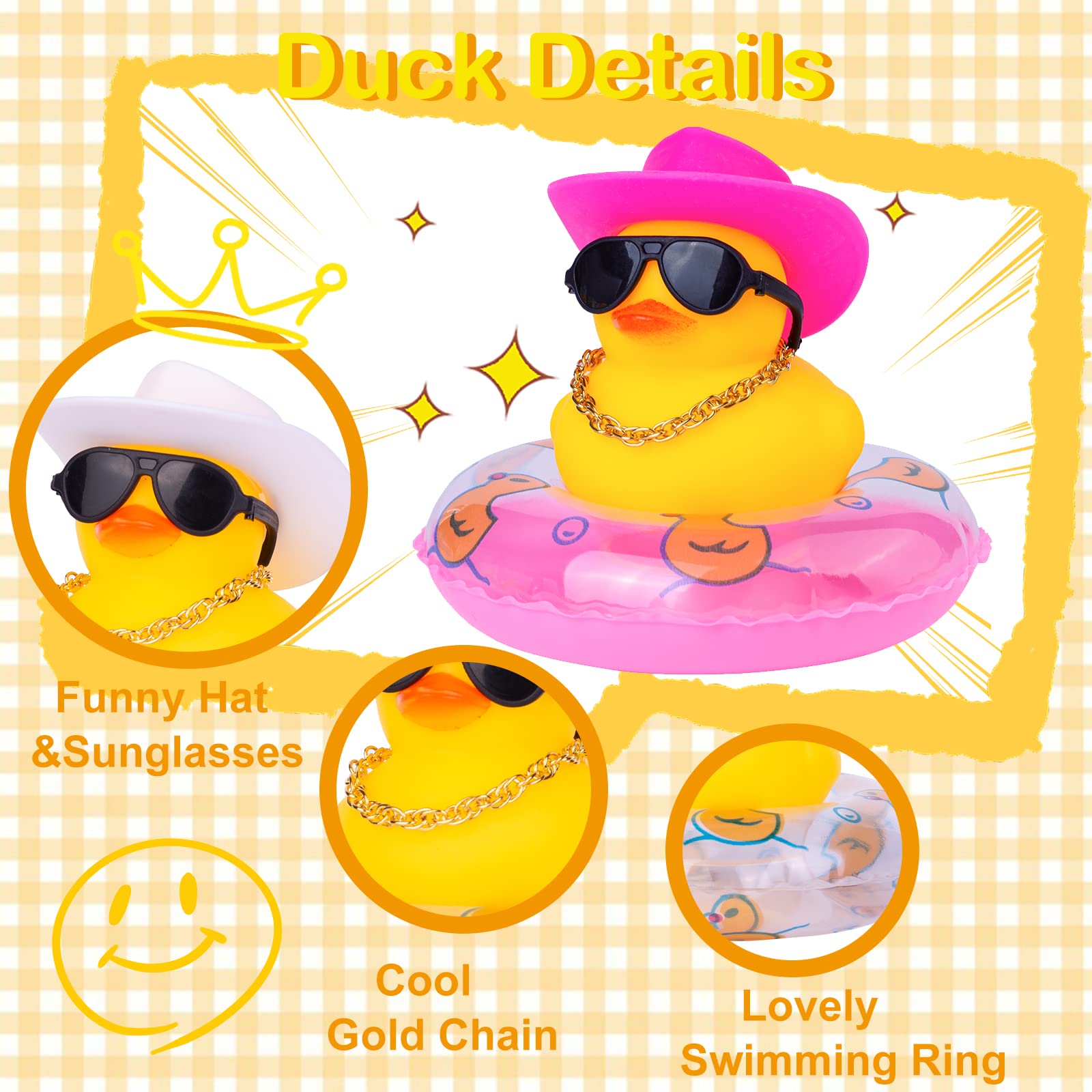 MuMyer Car Rubber Duck 2Pcs Duck Car Dashboard Decorations Yellow Duck Car Ornaments for Car Dashboard Decoration Accessories with Mini Swim Ring Cowboy Hat Necklace and Sunglasses