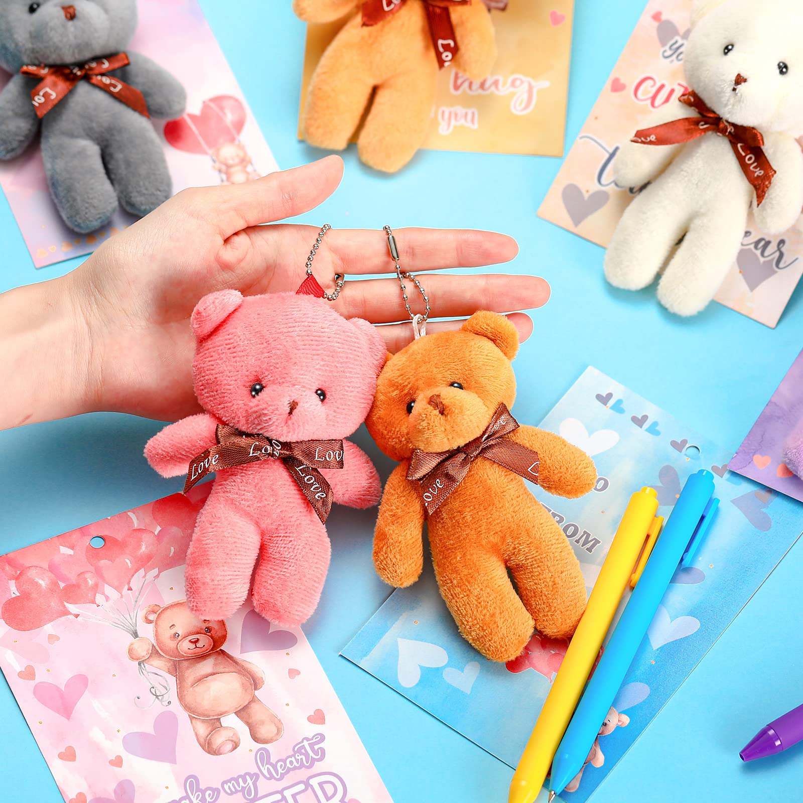 Crtiin 36 Pack Valentine's Day Gifts Cards for Kids with Mini Bears Animal Plush Toys Stuffed Keychain Bulk Valentines Classroom Exchange Card School Game Prizes Valentines Party Favors