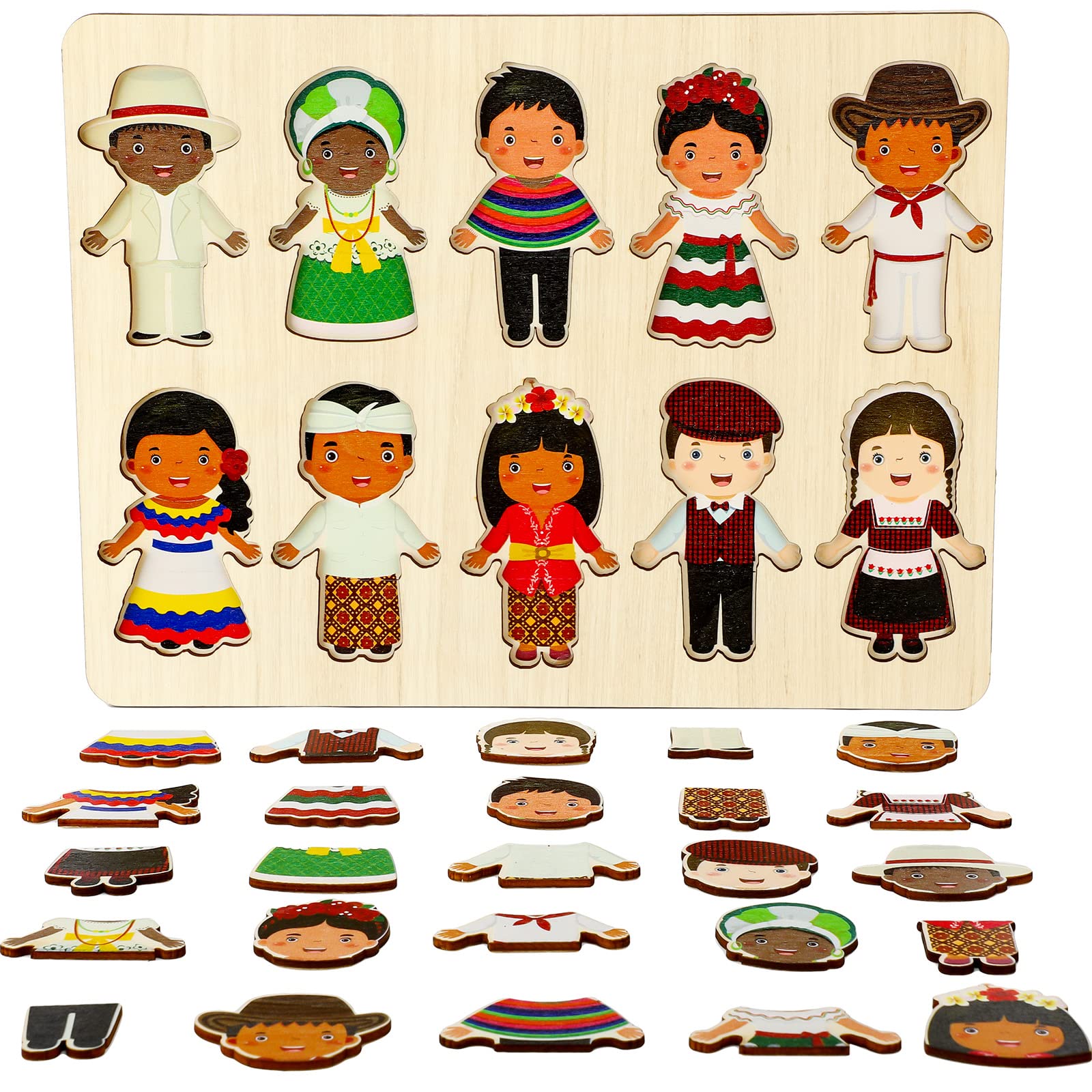 Wooden Multicultural Puzzles for Kids Interchangeable Dress Up Diversity Wood Peg Puzzles Preschool World Puzzles