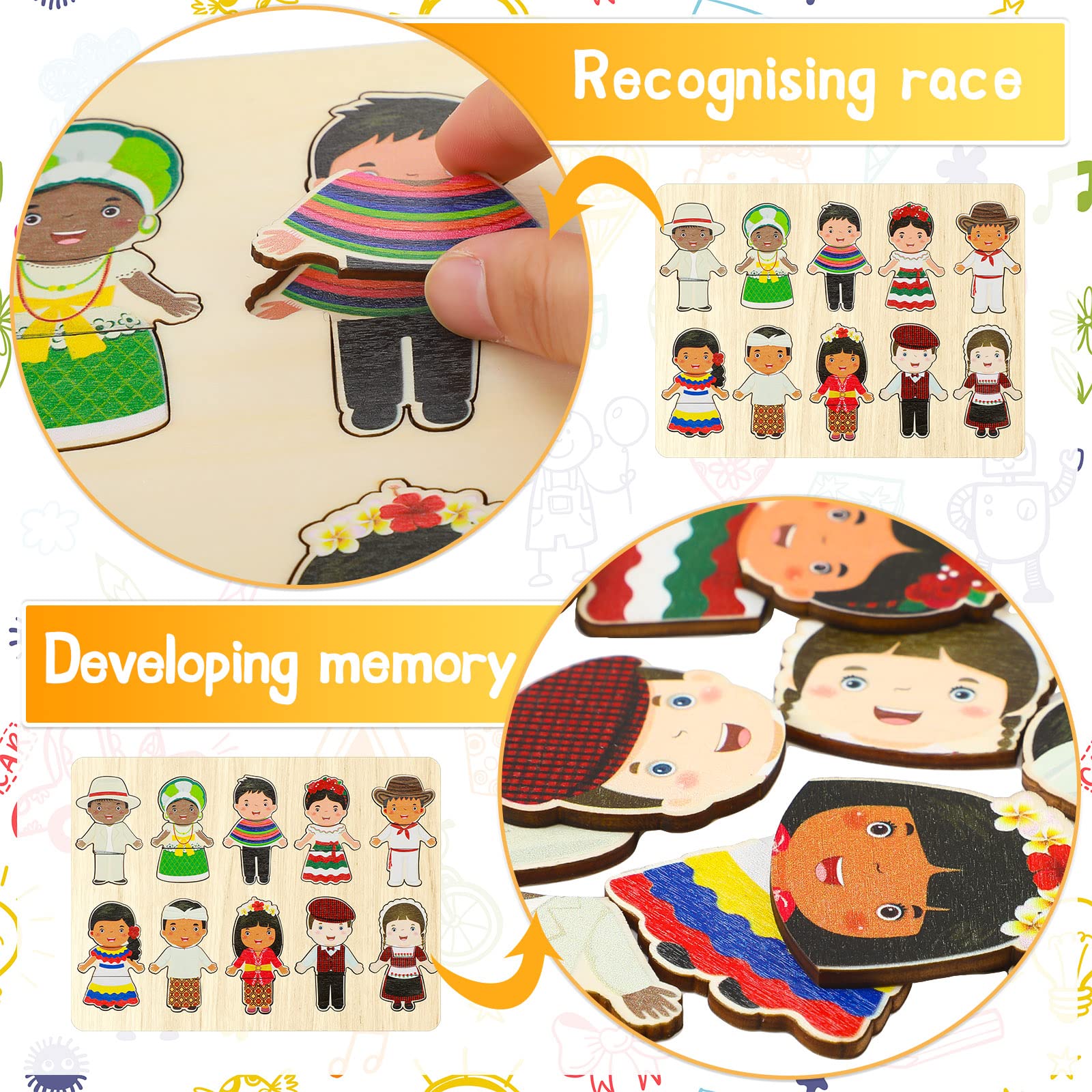 Wooden Multicultural Puzzles for Kids Interchangeable Dress Up Diversity Wood Peg Puzzles Preschool World Puzzles