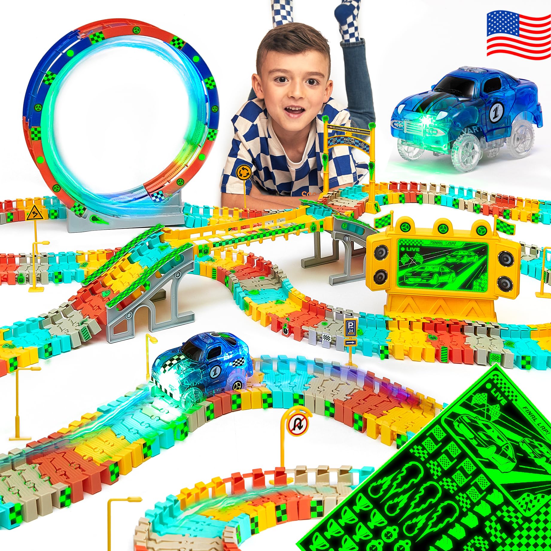 JITTERYGIT Race Track Glow in The Dark Magic Toy Set, Kids Light Up Flexible Car Tracks - Best Birthday Gift for Boys Girls and Toddlers 3 4 5 6 7 8 Year Old