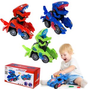 hcpbrs dinosaur transformation car toy, 2 in 1 transforming dinosaur car toys with led light and music, automatic deformation dino race car rotate dinosaur transform racing cars for kids gifts (3pcs)